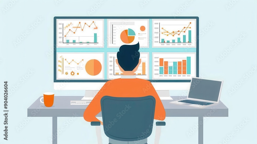 Illustration of an analyst working on multiple monitors displaying ...