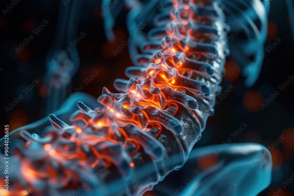 A 3D medical illustration of the spine showing its curvature, with ...