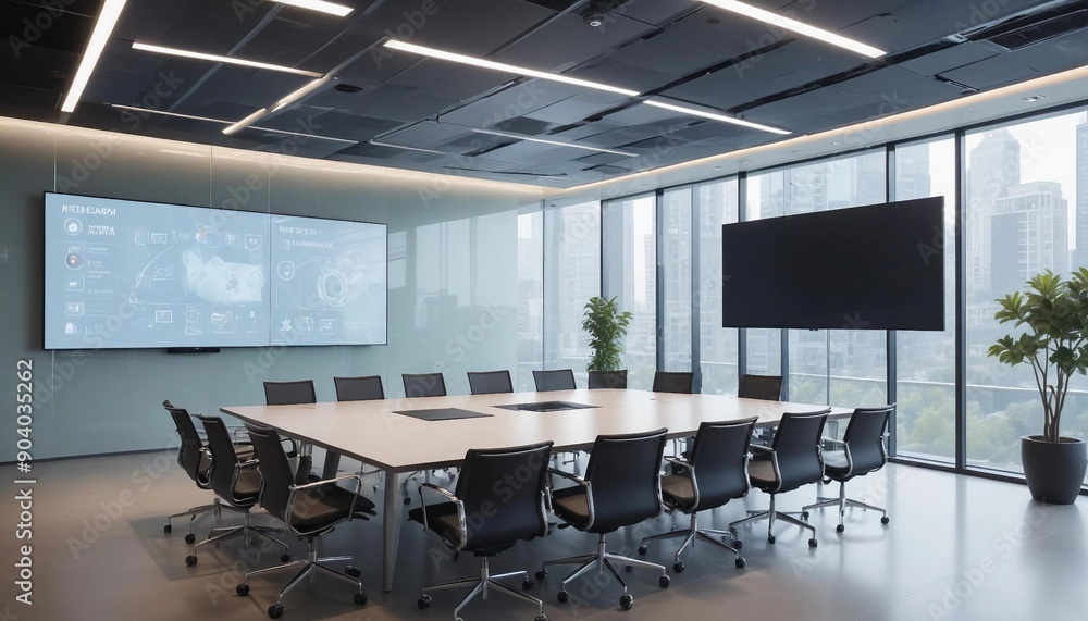 High-tech conference room with a large digital screen and glass walls ...