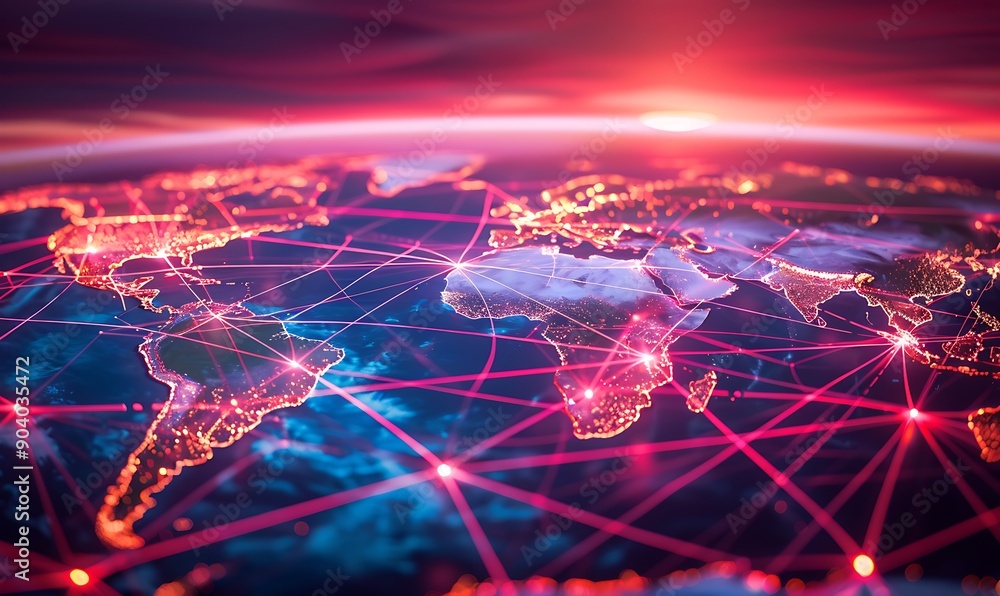 Futuristic world map with a web of light trails, depicting the ...