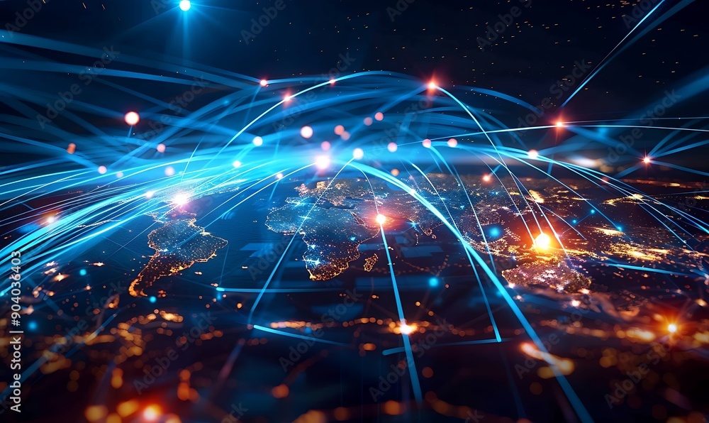 Futuristic world map with a web of light trails, depicting the ...