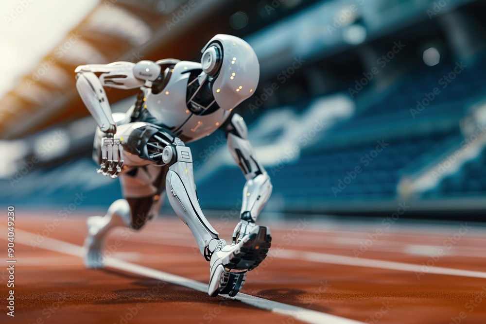 Robot athlete sprinting on race track at stadium. Futuristic concept of ...