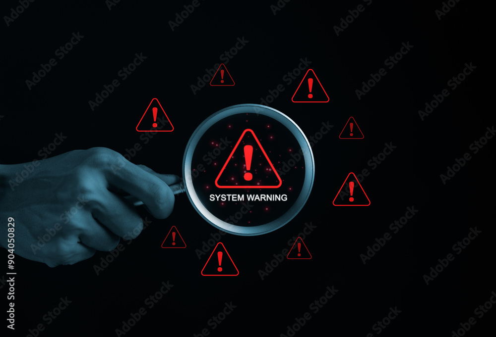 System Warning Alert, Cyber Security Concept. Hand holds magnifying ...