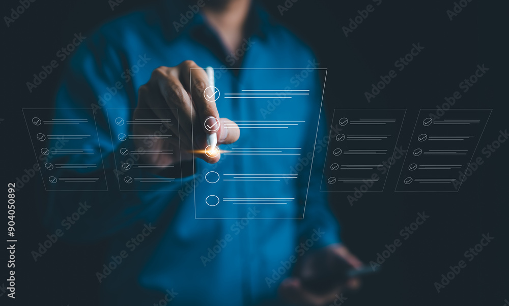 Filling out digital form checklist, Businessman using pen to tick ...