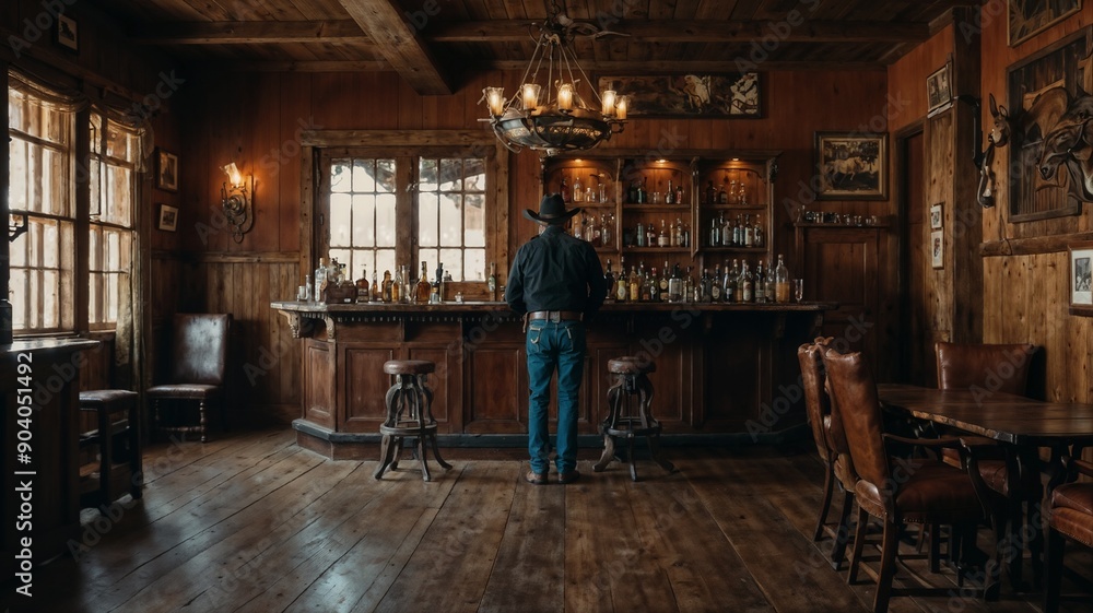 Interior of an old western saloon, man in the background, old west ...