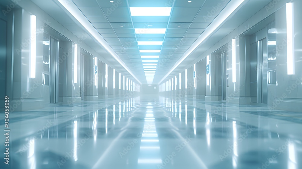 Bright corridor, soft diffused lighting, white empty ID badge in focus ...