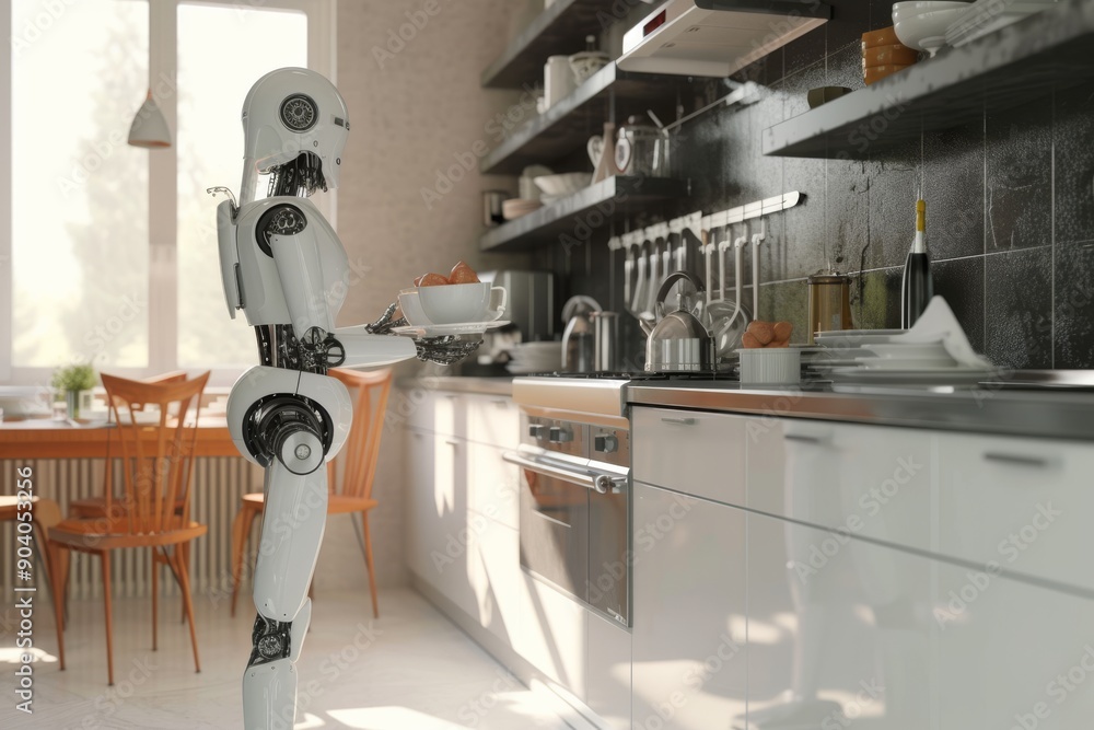 Robot maid washing dishes in the kitchen Domestic robot maid serving ...