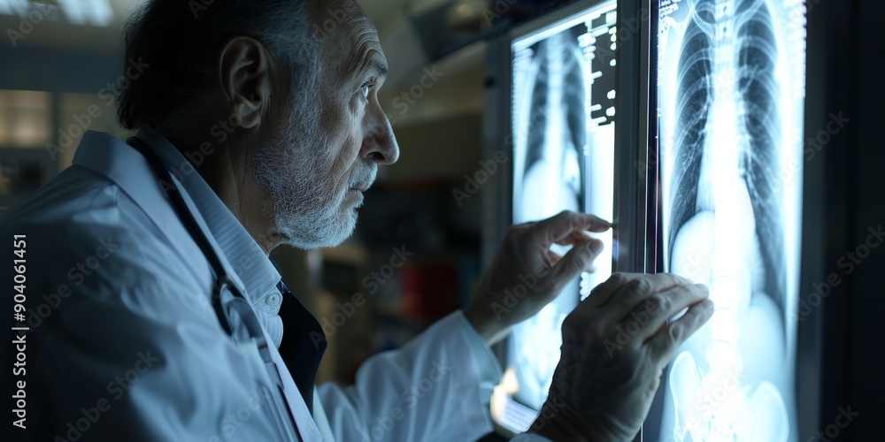 A physician examining an x-ray in the emergency room, diagnosing ...