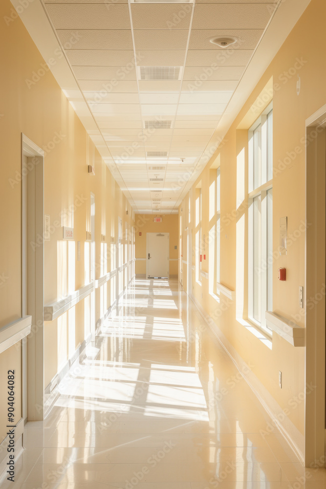 Medical Background, Long, deserted hospital passageway with pale yellow ...