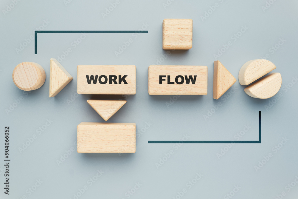 Abstract wood blocks arranged as workflow diagram, overview of working ...