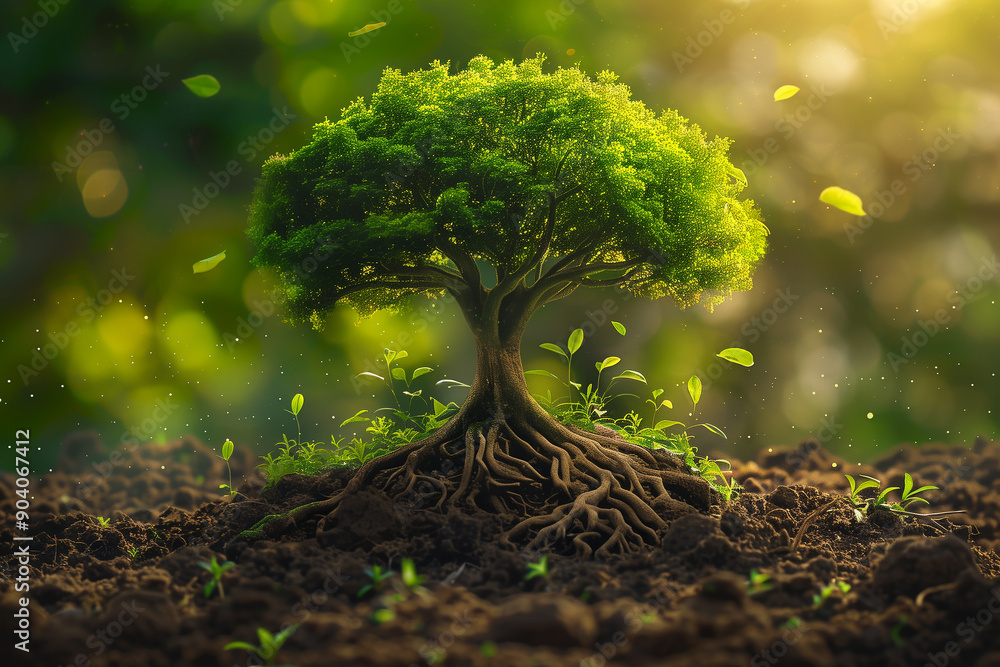 Symbol of Sustainability, Tree with Roots and Leaves, A large healthy ...