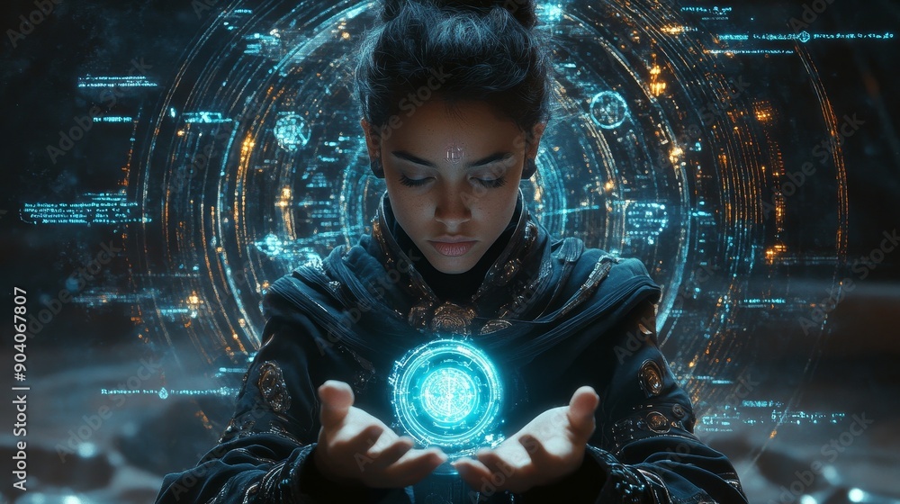 Mystical Priestess Surrounded by Glowing Codes, Symbols, Alien ...