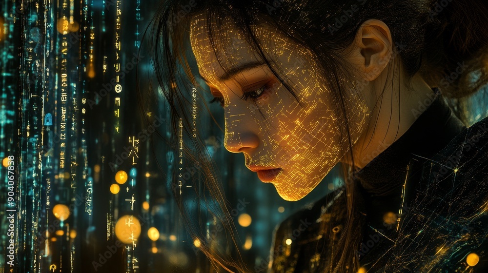 Mystical Priestess Surrounded by Glowing Codes, Symbols, Alien ...