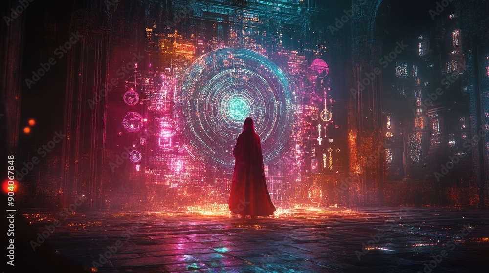 Mystical Priestess Surrounded by Glowing Codes, Symbols, Alien ...