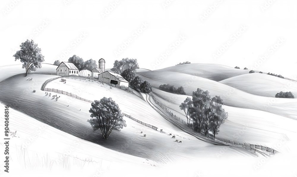 Simple pencil drawing of a tranquil farm nestled in rolling hills, with ...