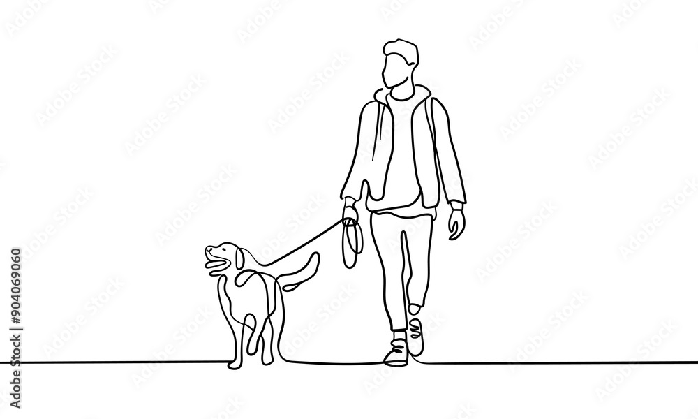 Man walking with dog continuous line art drawing isolated on white ...