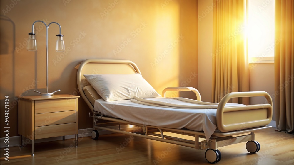 Warm beige background with stethoscope and empty hospital bed subtly ...
