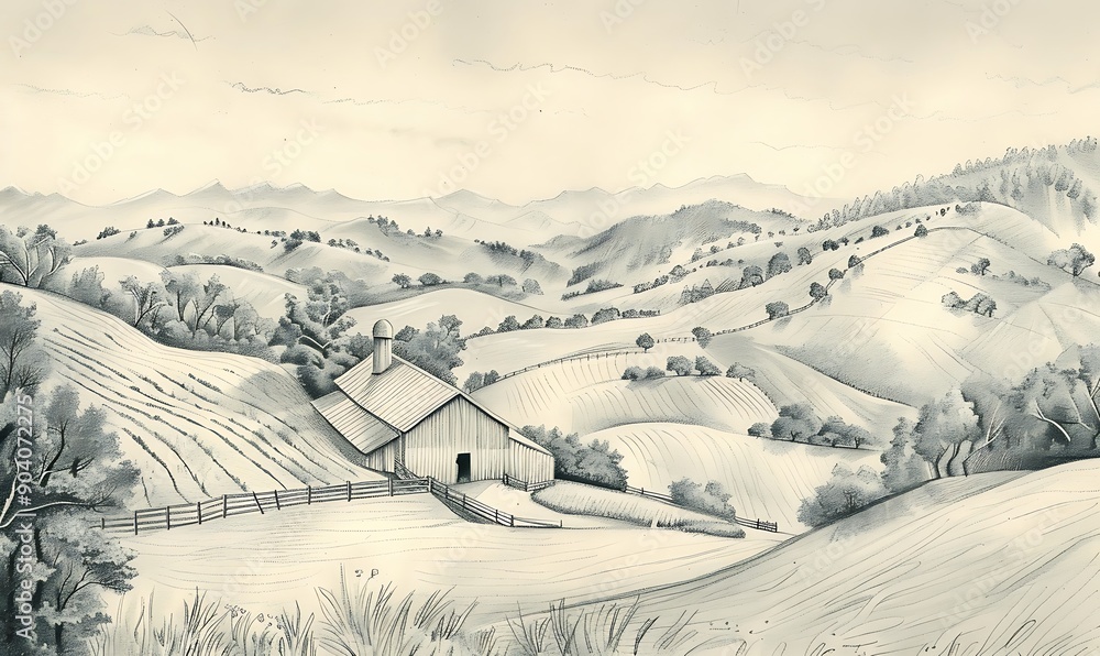Simple pencil drawing of a tranquil farm nestled in rolling hills, with ...
