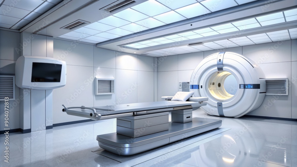 A sleek, silver, and futuristic medical linear accelerator machine ...