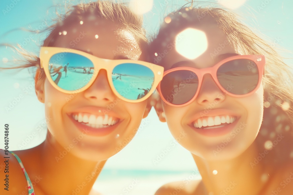 portrait of two women wearing bikinis on the beach in the summer ...