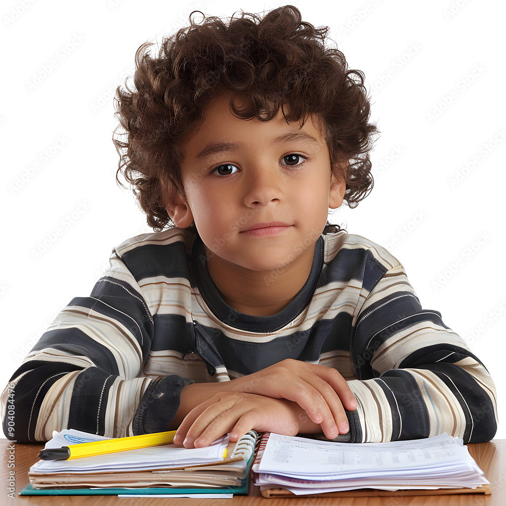 young kid at school behind desk isolated on white background, detailed ...