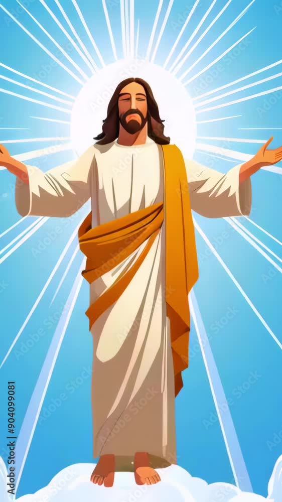 jesus christ in blue sky, with sun rays and halo flat design cartoon ...