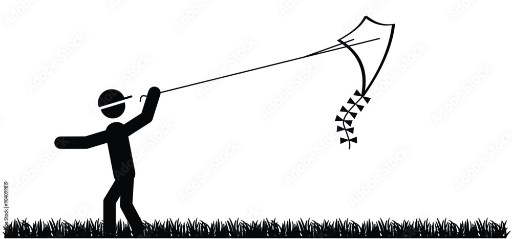 Cartoon stickman, stick figure man with a kite in the sky. Friends ...