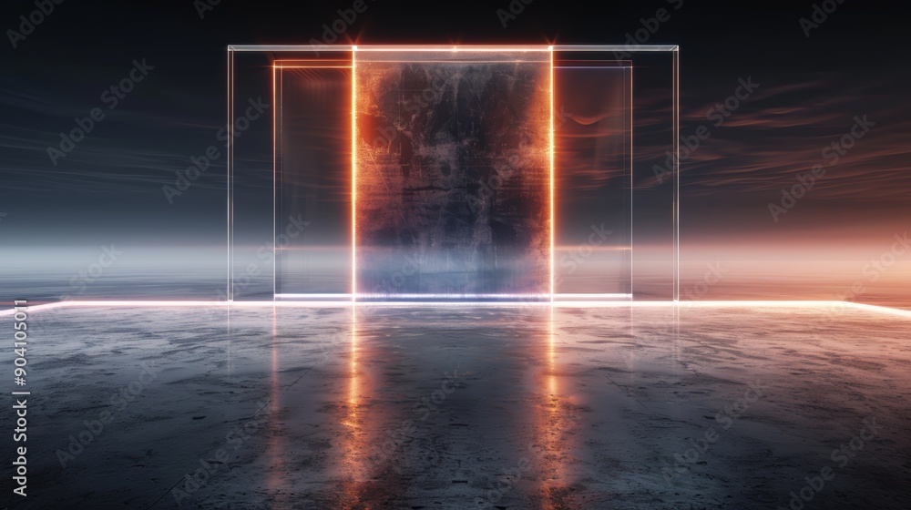 Futuristic glowing portal in a dark, empty space with a reflective ...