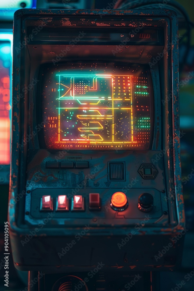 Retro television glowing arcade screen with synthwave colours of the ...