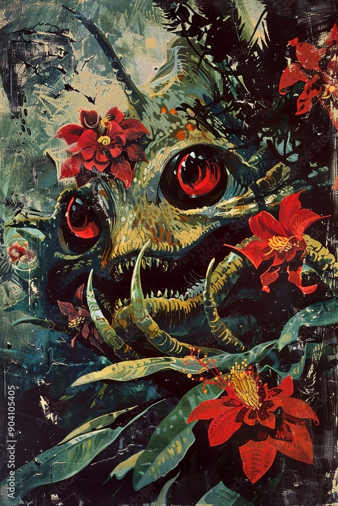 Retro sci-fi lizard plant maneater monster on an alien planet pulp ...