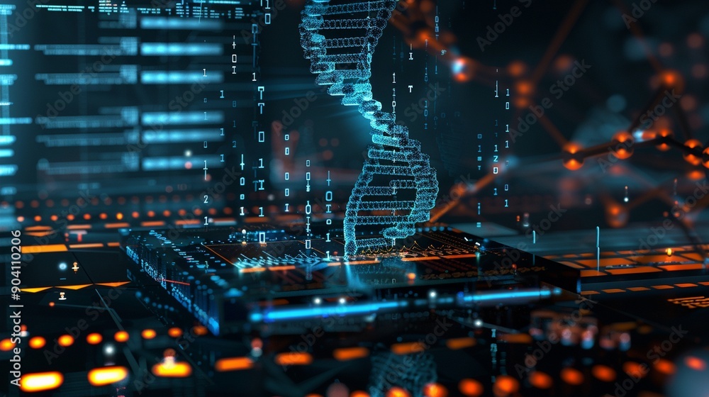 Futuristic digital DNA helix emerging from microchip, surrounded by ...