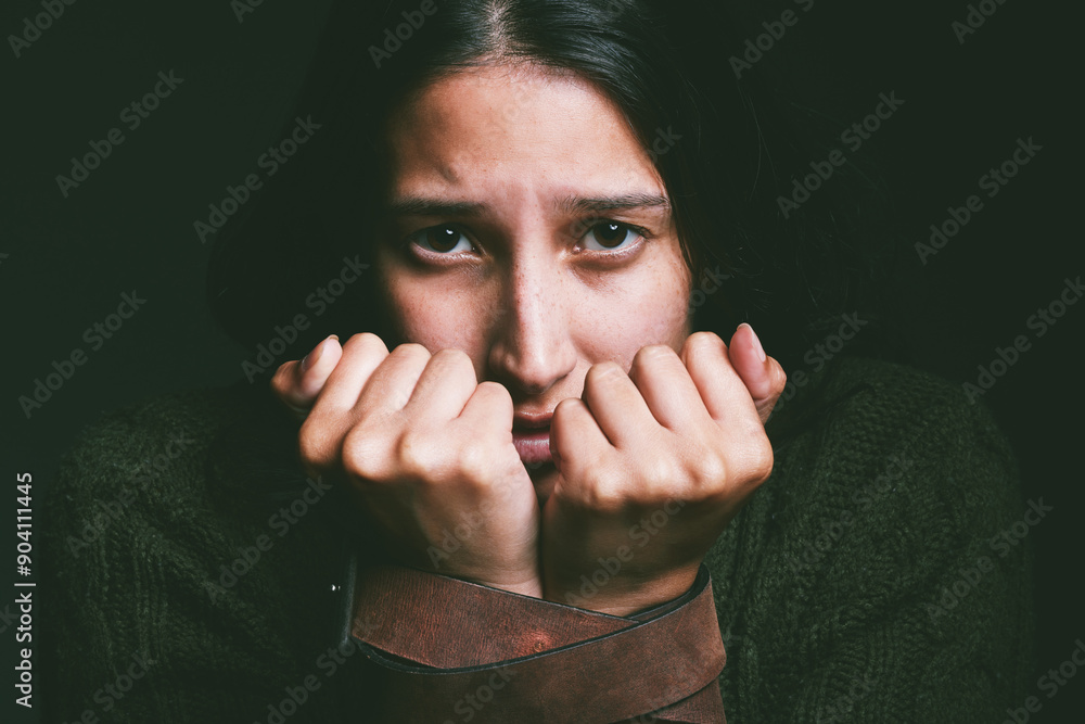 Kidnap, woman and victim with hostage portrait in studio with fear ...