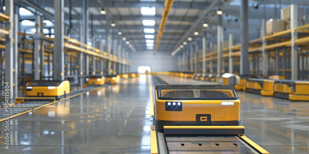 Autonomous guided vehicles (AGVs) transporting materials across the ...