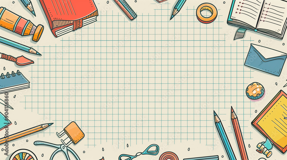 Border of colorful school supplies and stationery on lined paper ...