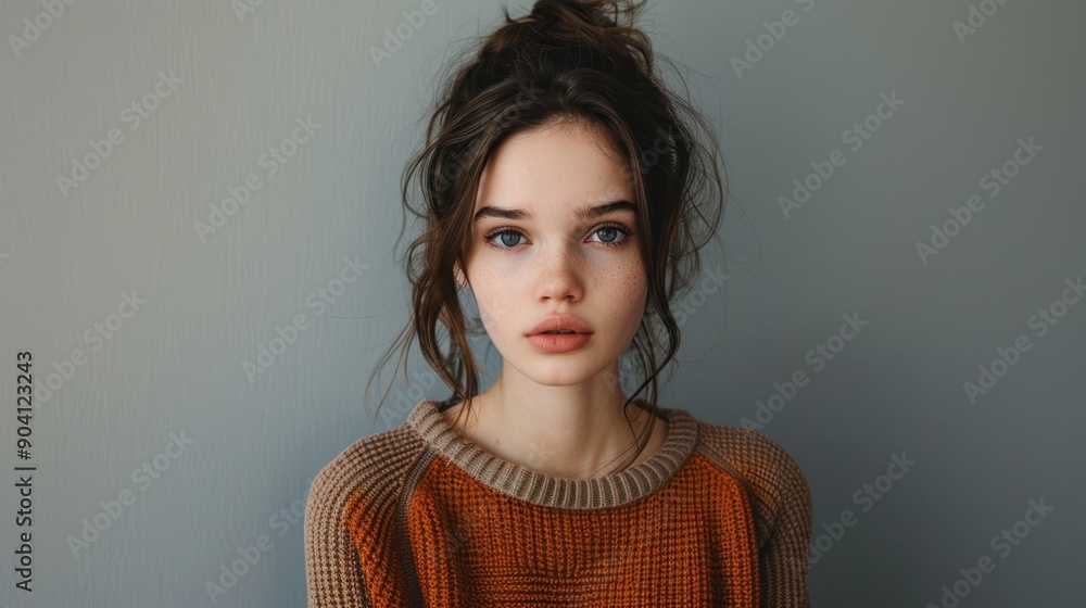 Young woman with an embarrassed expression standing against a solid ...