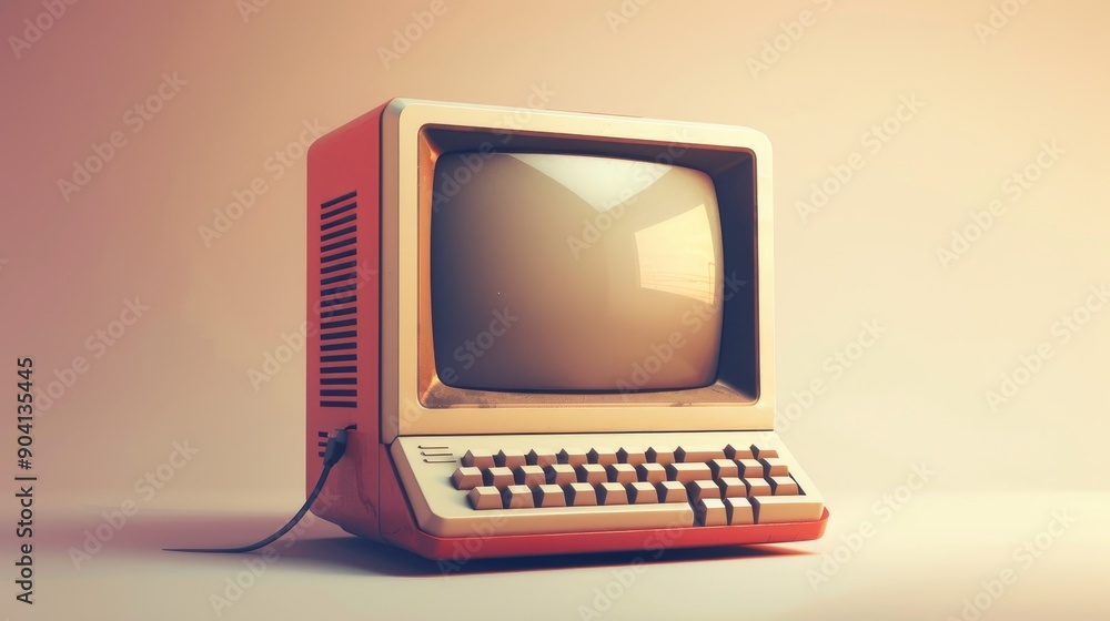 Vintage computer with CRT monitor and keyboard on a white background. A ...