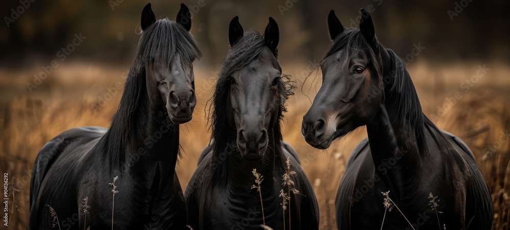 Friesian Horses. Three majestic Friesian horses standing close together ...