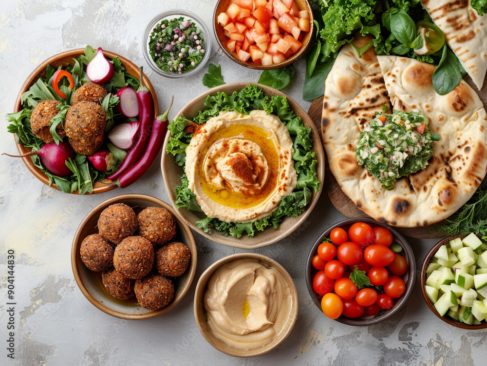 Middle eastern or arabic cuisines, falafel, hummus, tabouleh, pita and ...