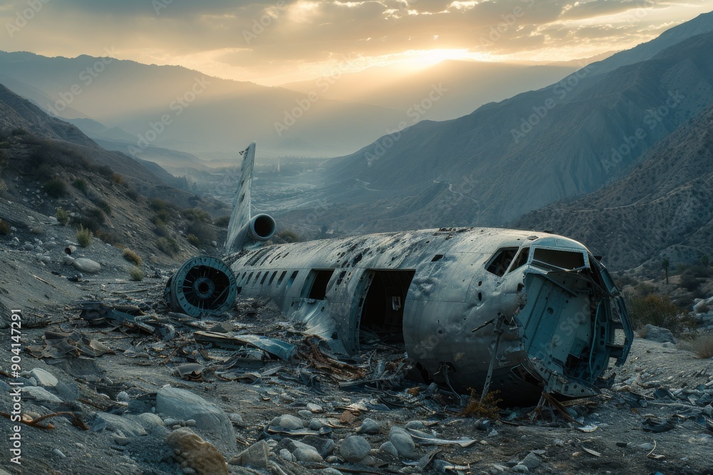 Crashed airplane wreck with destroyed debris and damaged fuselage set ...