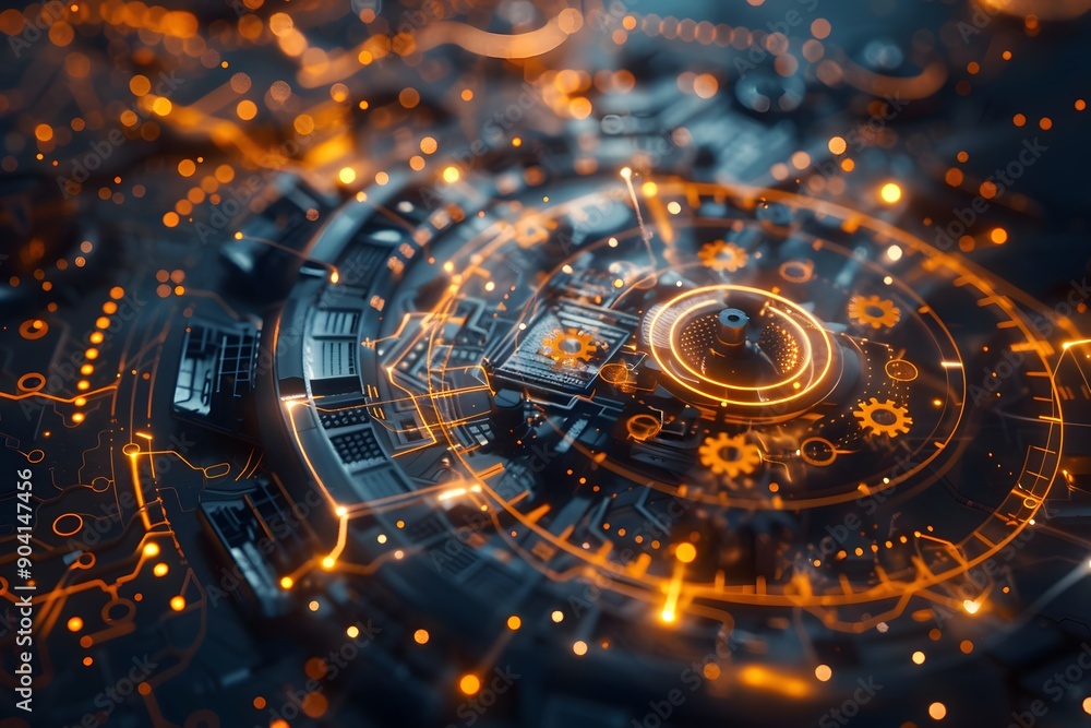 Futuristic gears rotation wireframe. High-Tech Rotation: Digital ...