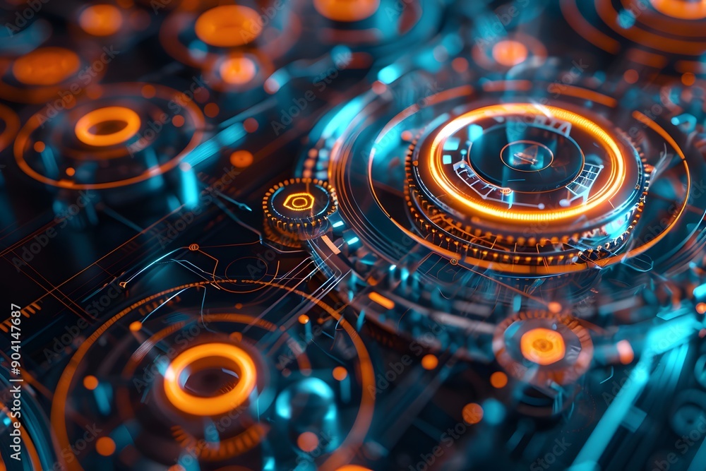 Futuristic gears rotation wireframe. High-Tech Rotation: Digital ...