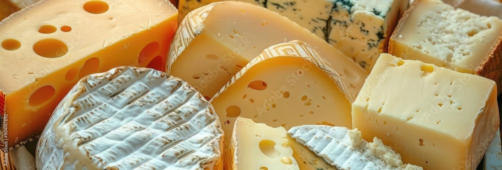 An assortment of various gourmet cheeses on display, featuring a ...