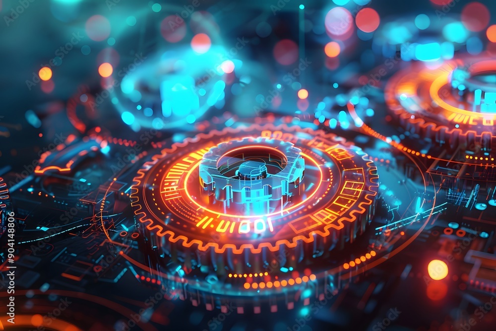 Futuristic gears rotation wireframe. High-Tech Rotation: Digital ...