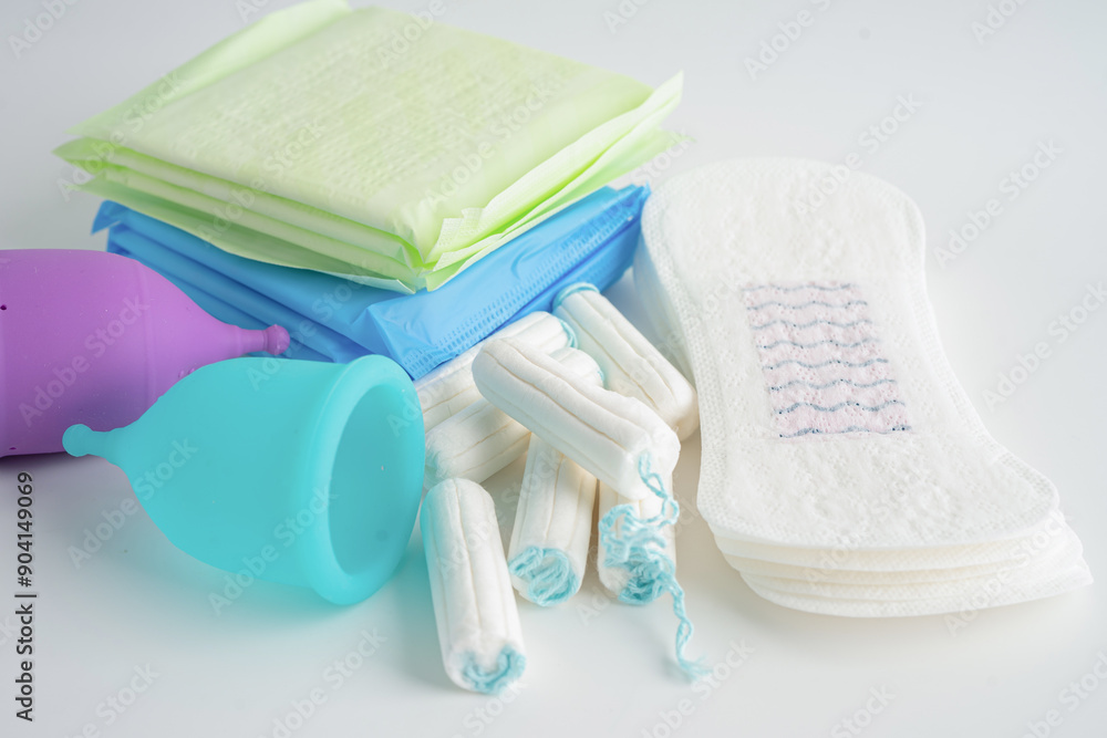 Menstruation cycle with sanitary pad, cotton tampon and menstrual cup ...