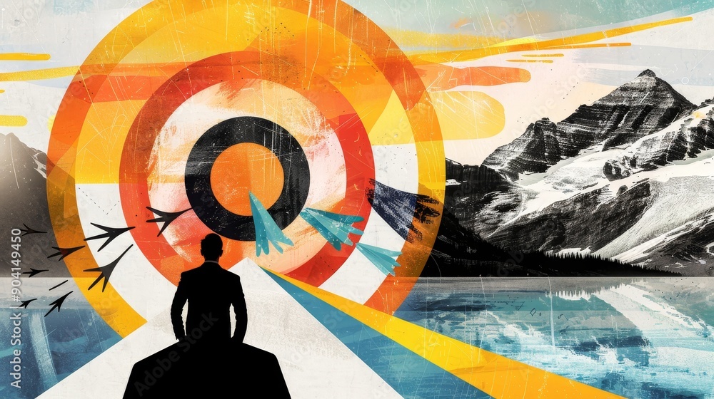 Artistic vision board with various motivational images and arrows ...
