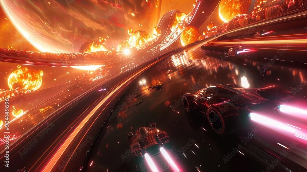 A space-based race track in a futuristic world, where racers navigate ...