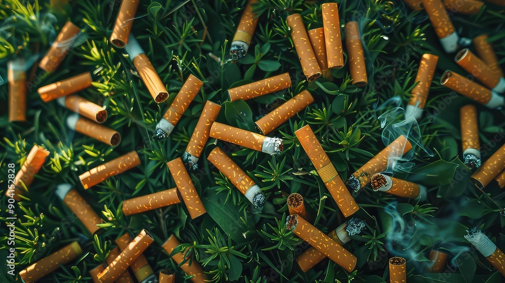 an overhead aerial view, a many cigarette buds on the grass ground ...