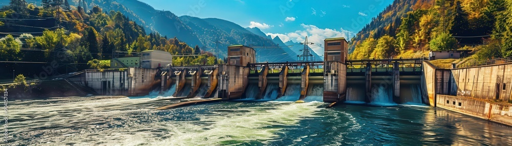 Hydroelectric dam, river flowing through powerhouse, side view ...