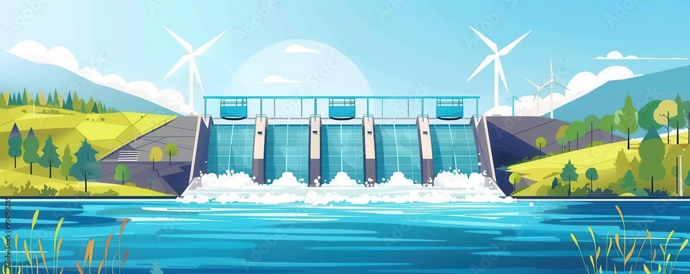 Renewable energy from water turbines, flowing water, front view ...