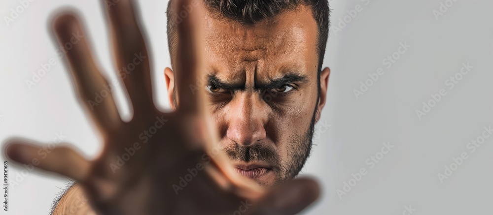 Upset man with raised hand gestures no while giving an angry stare at ...